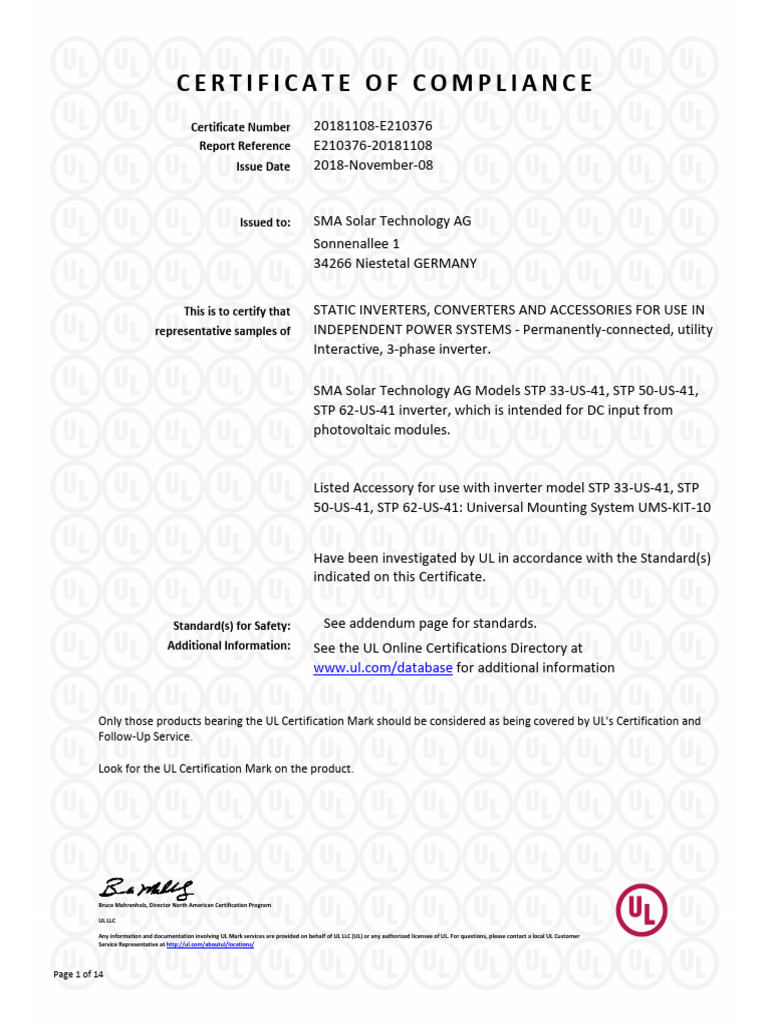 Certificado SMA - IEEE-1547-2018 - UL1741SB | PDF | Distributed ...