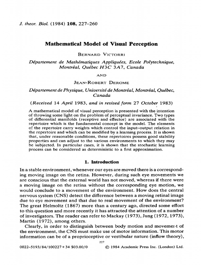 Mathematical Model of Visual Perception: J. Theor. Biol | PDF | Stochastic Process | Perception