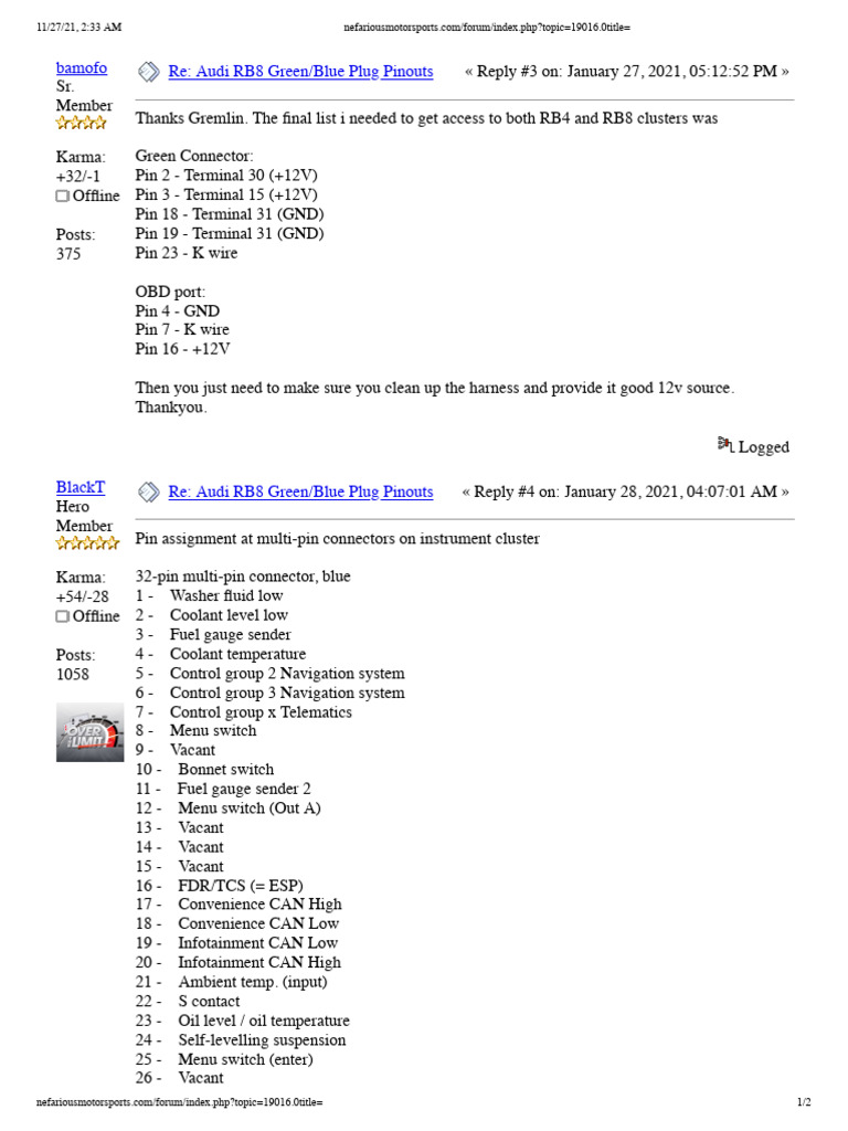 Audi RB8 Cluster GreenBlue Plug Pinouts | PDF | Automotive Technologies ...