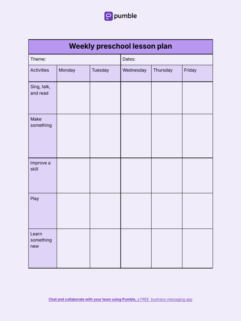 Weekly preschool lesson plan template | PDF