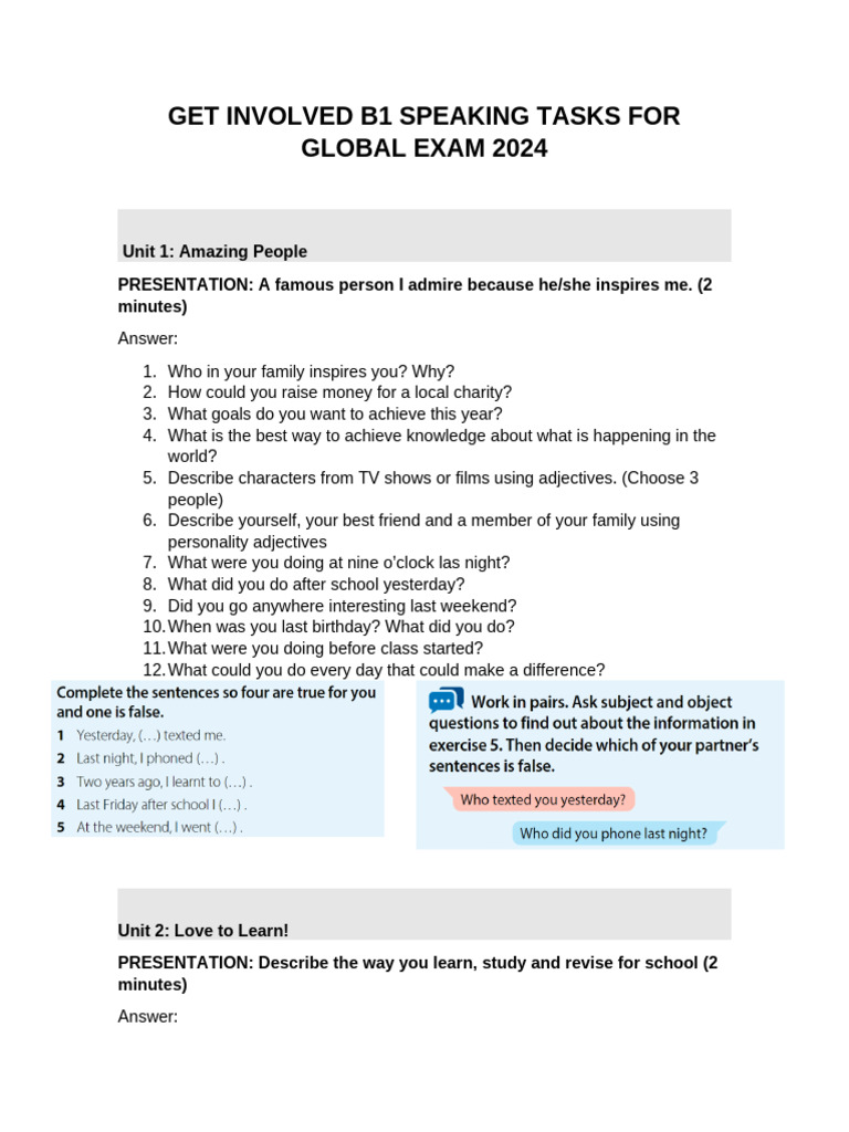 Get Involved b1 Speaking Tasks | PDF | English Language