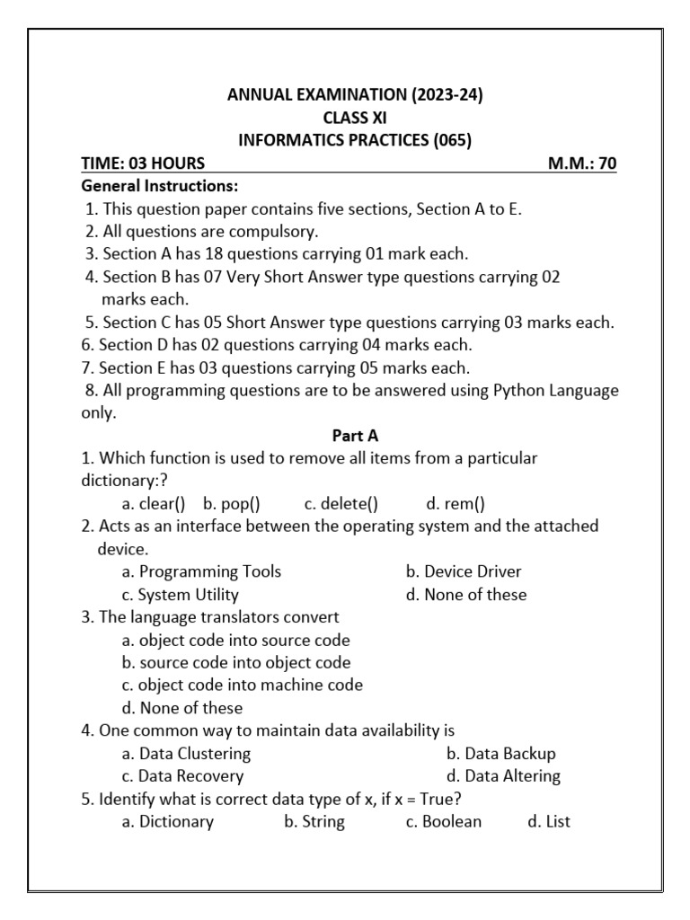 Class XI Informatics Practices Exam | PDF | Table (Database) | Sql