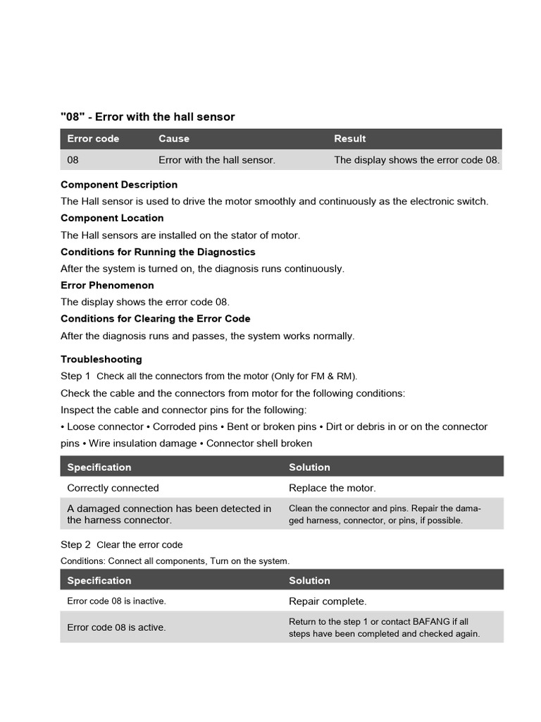 "08" - Error With The Hall Sensor: Error Code Cause Result | PDF