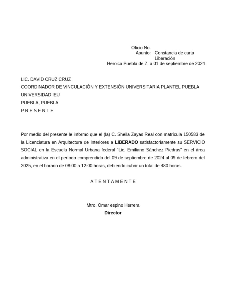 Formato Carta de LIBERACION | PDF