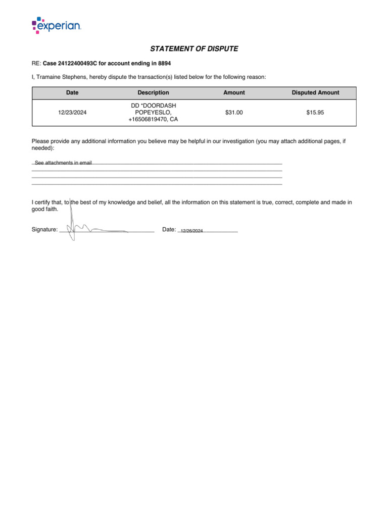 Dispute of DoorDash Transaction | PDF