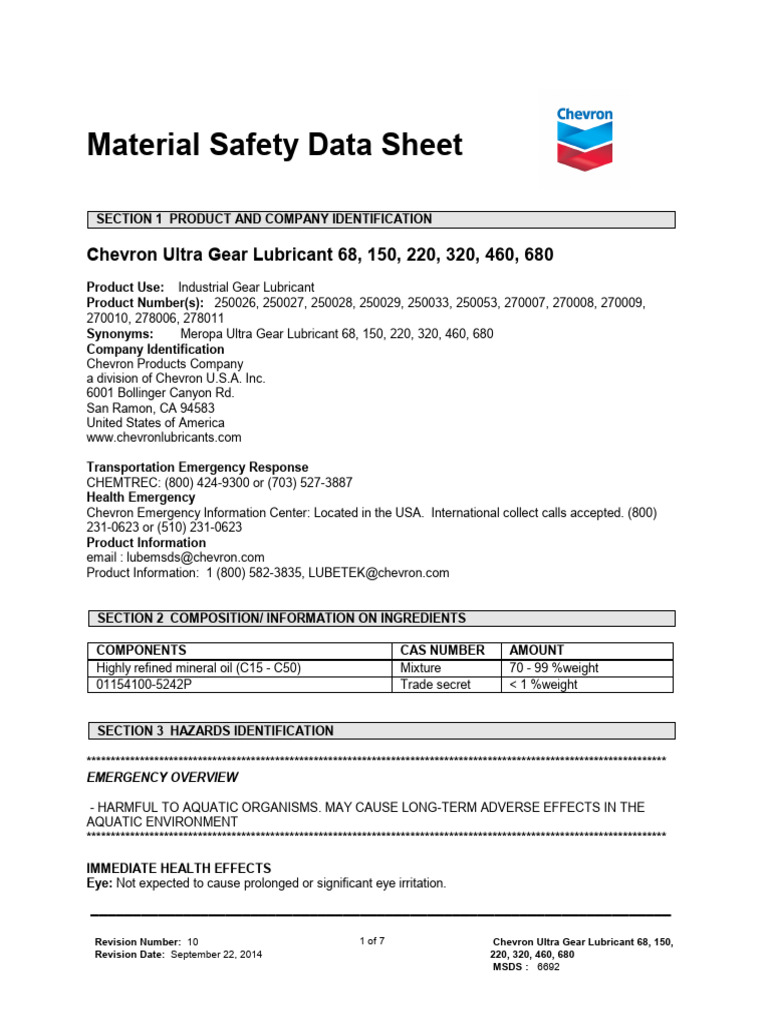 Chevron Ultra Gear Lubricant 68/150 MSDS | PDF | Dangerous Goods | Toxicity
