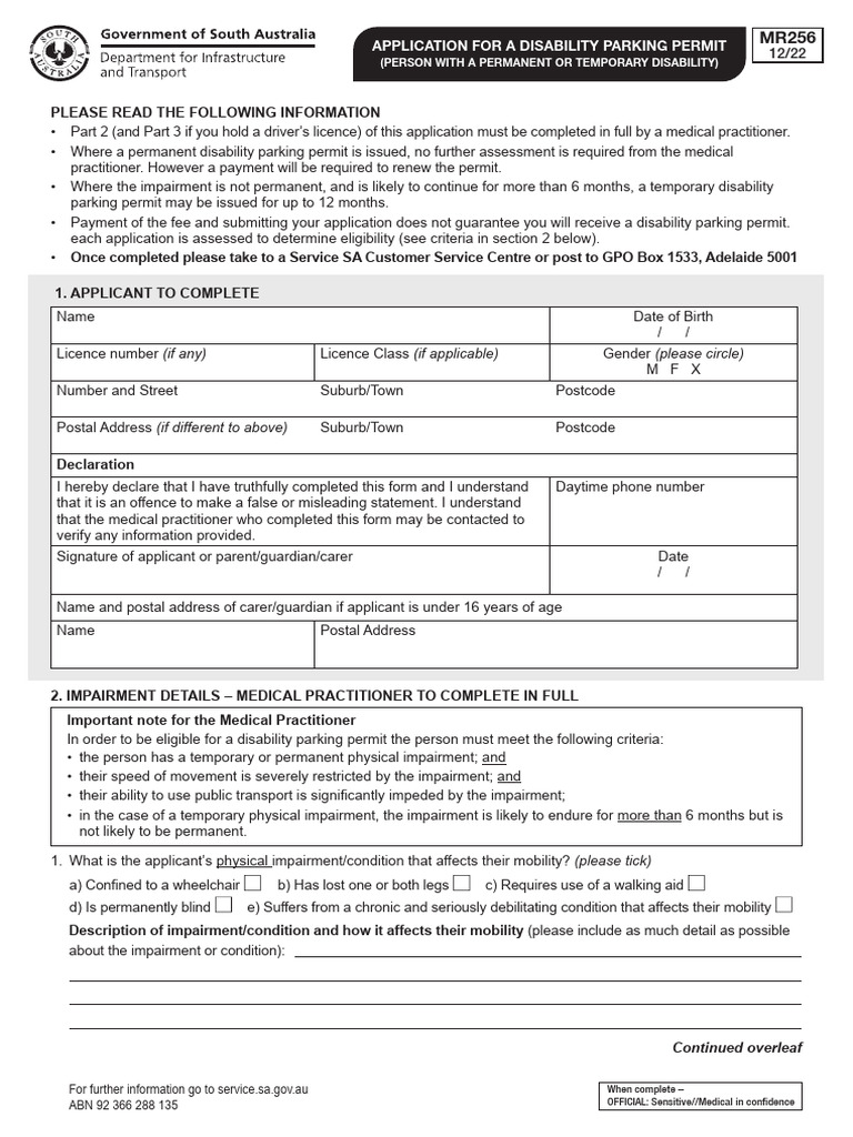MR256 Application For A Disability Parking Permit Person With A ...
