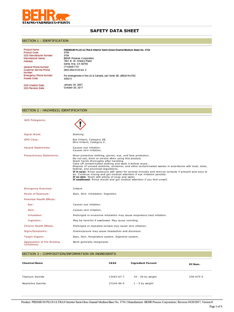 Behr Premium Plus Ultra Safety Data Sheet | PDF