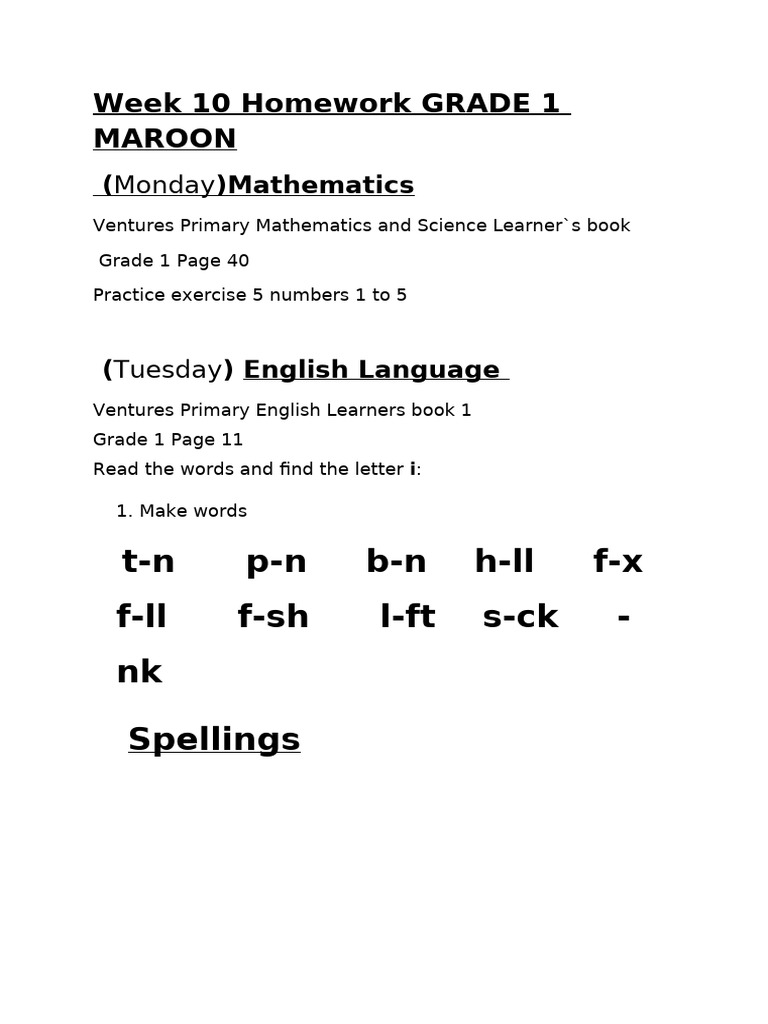 Week 11 Homework-Grade 1 Maroon | PDF