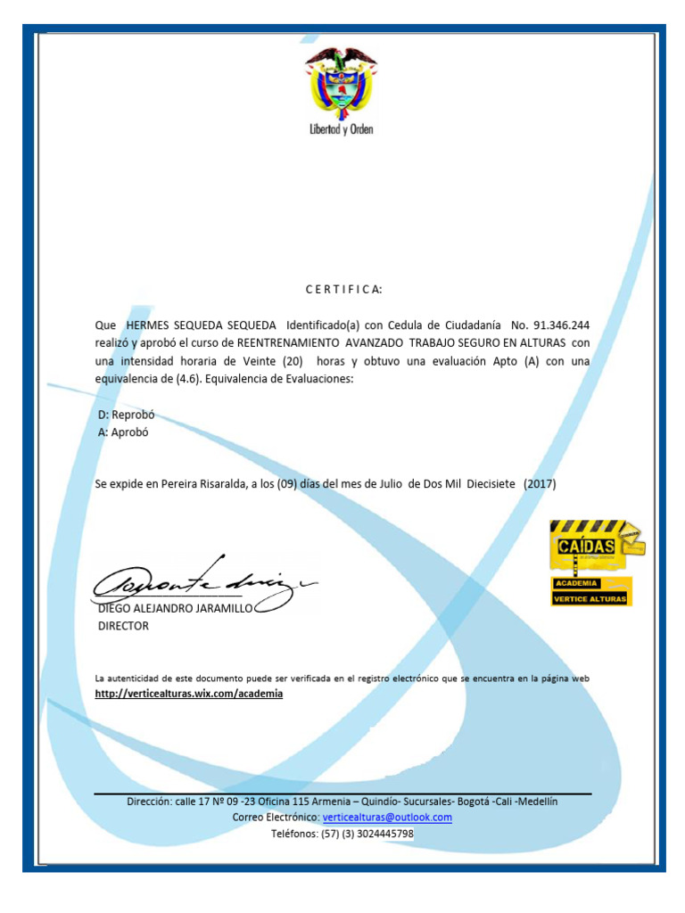 Certificado de Reentrenamiento en Alturas | PDF