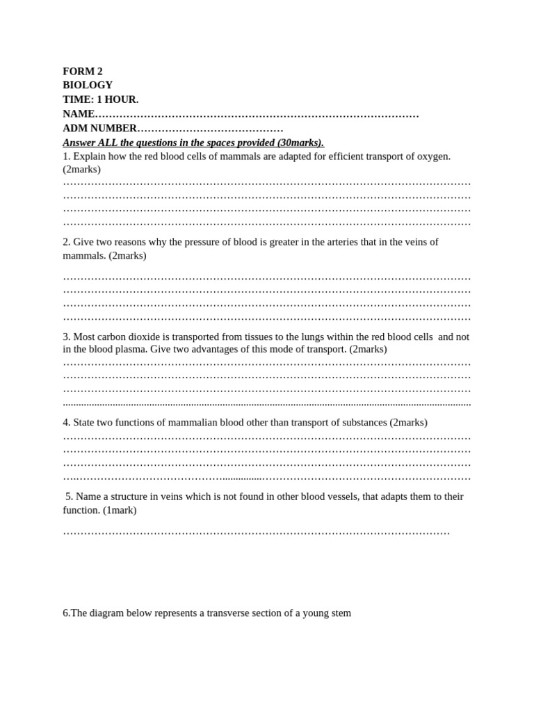 Form 2 Biology Mid Term 1 Examination | PDF | Blood | Red Blood Cell