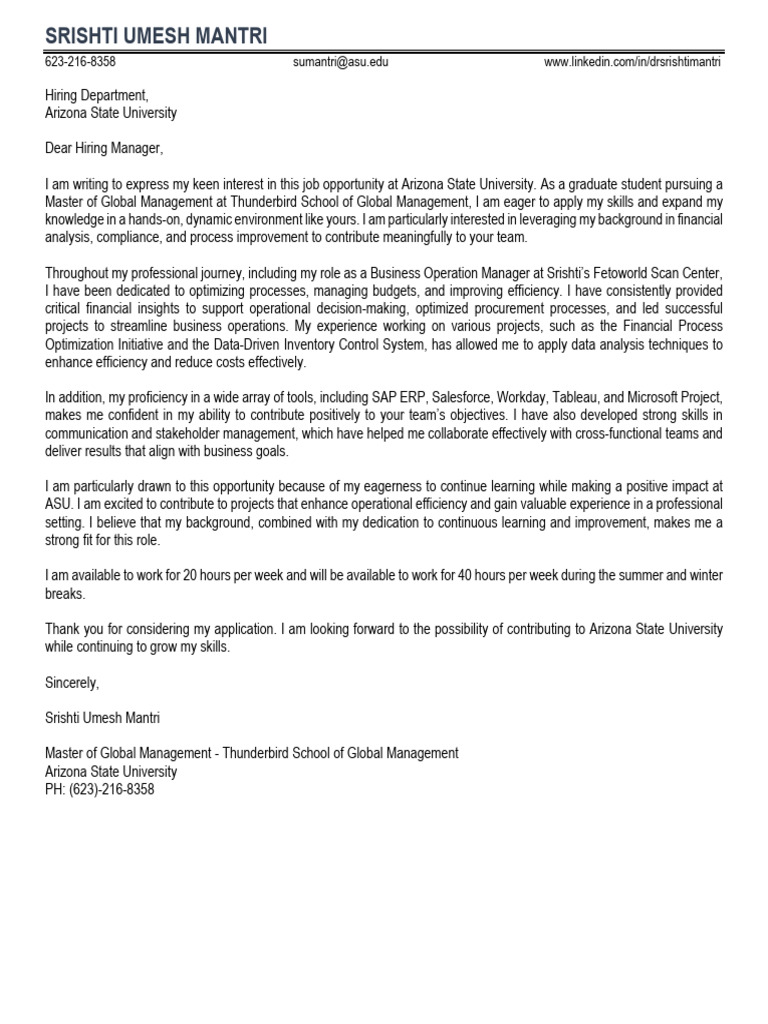 Application for ASU Position by Srishti Mantri | PDF | Arizona State ...
