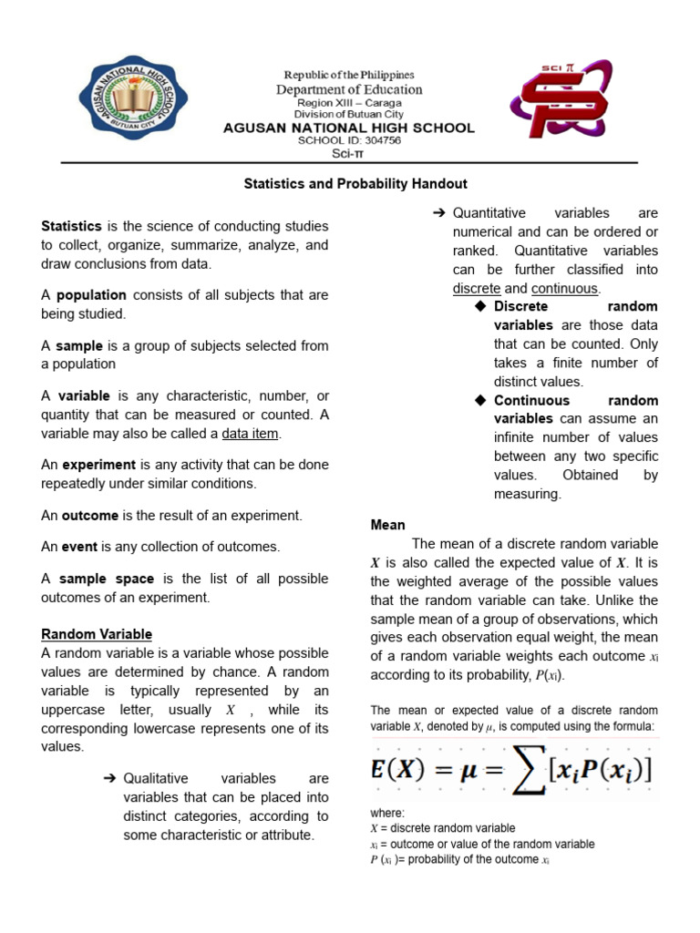 Sci Pi Statistics and Probability Handout | PDF | Random Variable | Probability Distribution
