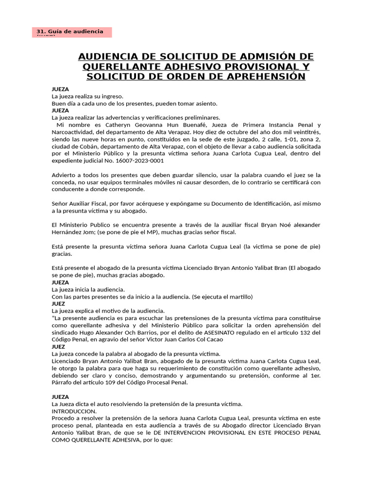 31.%20Gu%C3%ADa%20de%20audiencia%20(JUEZ) | PDF | Fiscal | Ciencia forense