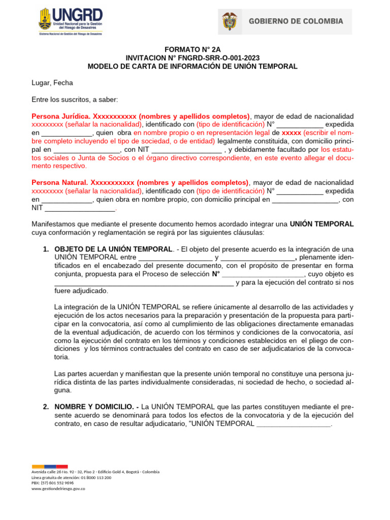 Modelo de Carta para Unión Temporal | PDF