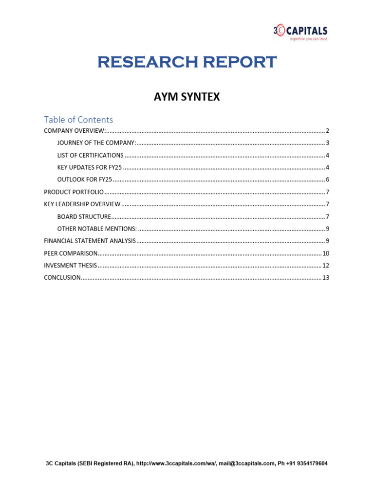 AYM Syntex LTD - Sample Research Reports | PDF | Price–Earnings Ratio ...