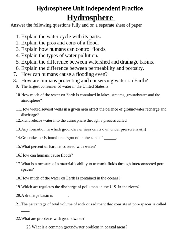 Hydrosphere Unit Review Guide | PDF