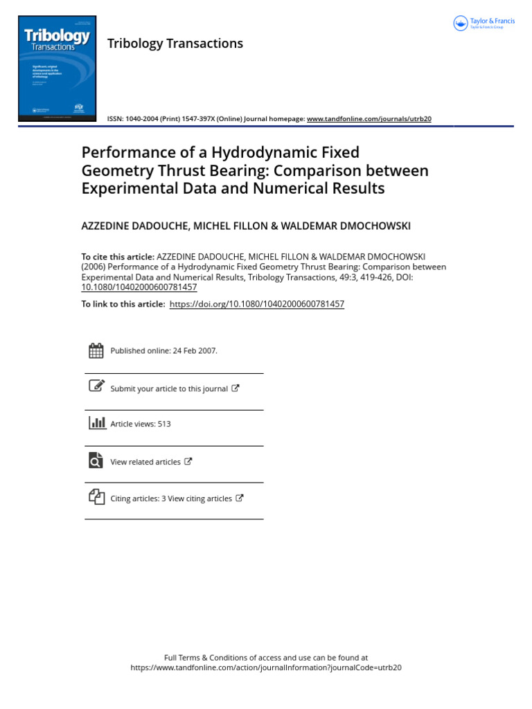 Performance of A Hydrodynamic Fixed Geometry Thrust Bearing Comparison ...