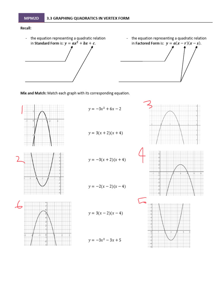 3.3 Quadratics in Vertex Form | PDF | Algebra | Mathematics