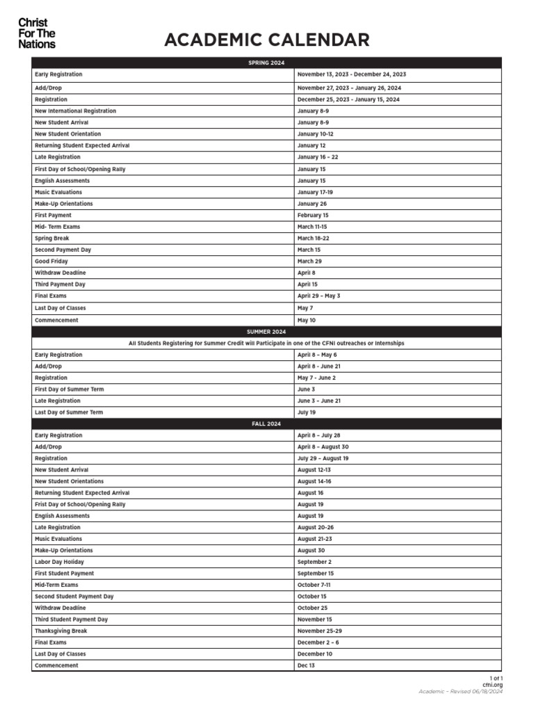 CFNI Academic Calendar 2024-2025 | PDF | Holidays | Academia