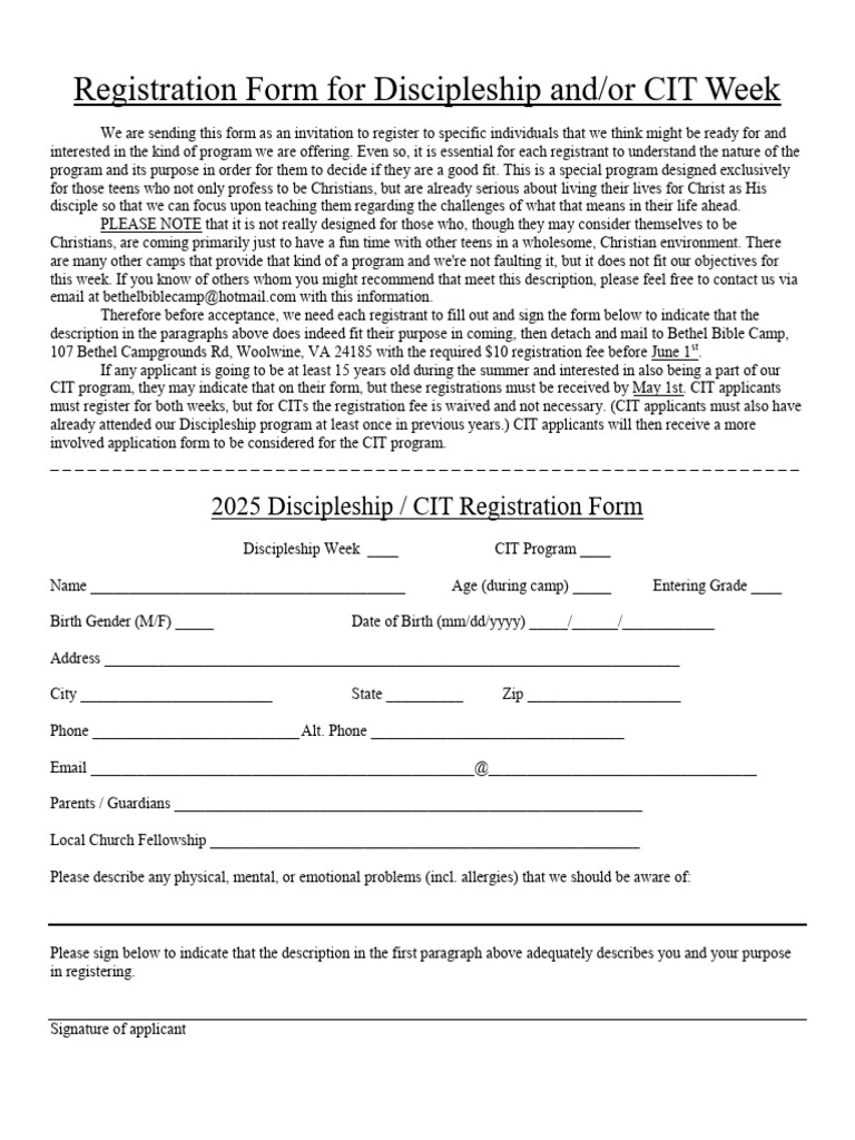 Discipleship Week Registration Form | PDF | Disciple (Christianity)
