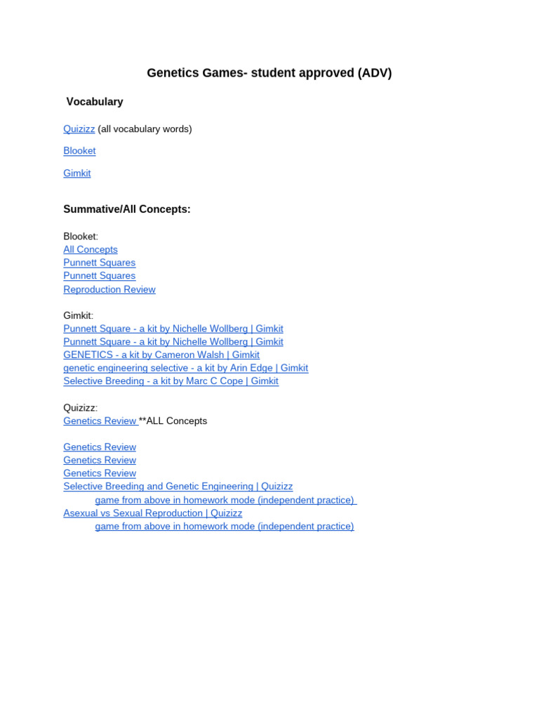 Genetics Games - Student Approved (ADV) | PDF