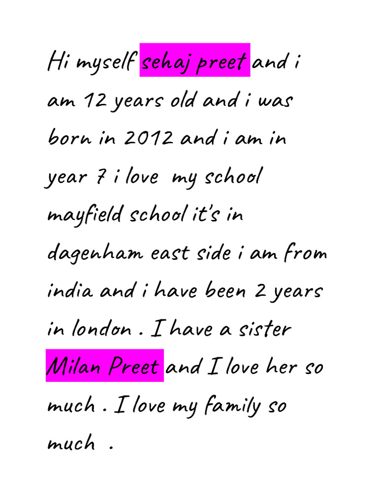 Meet Sehaj Preet: A 12-Year-Old Student | PDF