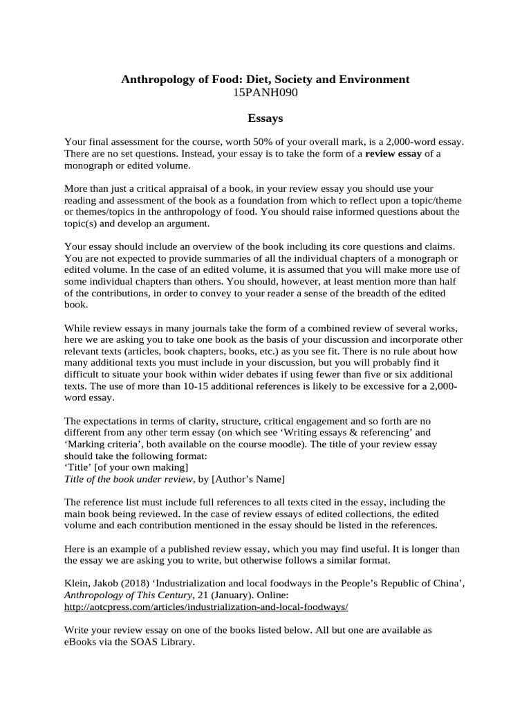 Anthropology of Food Review Essay Guide | PDF | Essays | Books