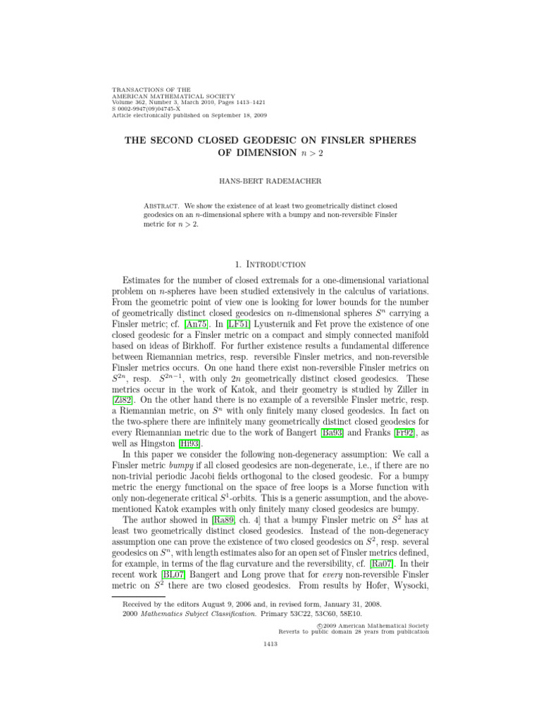 The Second Closed Geodesic On Finsler Spheres | PDF | Geometric ...