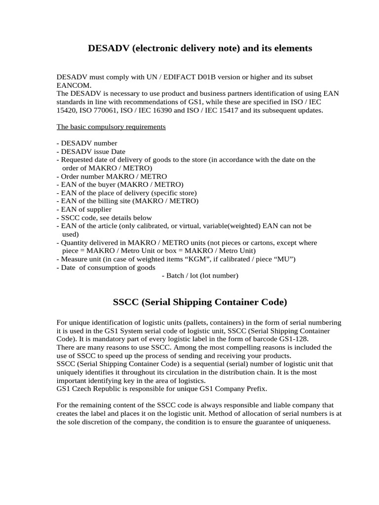 Desadv SSCC Info For Suppliers | PDF | Logistics | Barcode