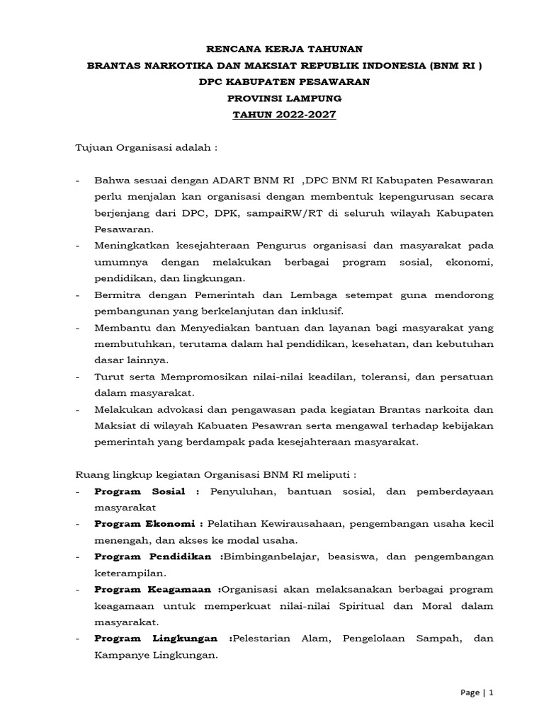 PROGJA BNM RI DPC Pesawaran | PDF