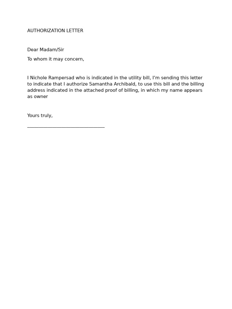 Authorization Letter for Utility Bill | PDF