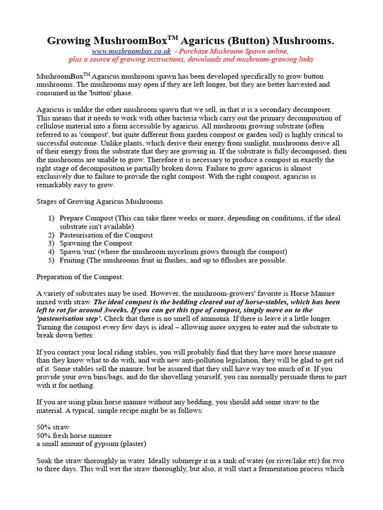Agaricus Growing Instructions 2 | PDF | Compost | Mushroom