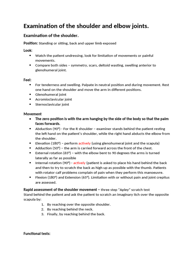 Shoulder and Elbow Joint Examination Guide | PDF | Anatomical Terms Of ...