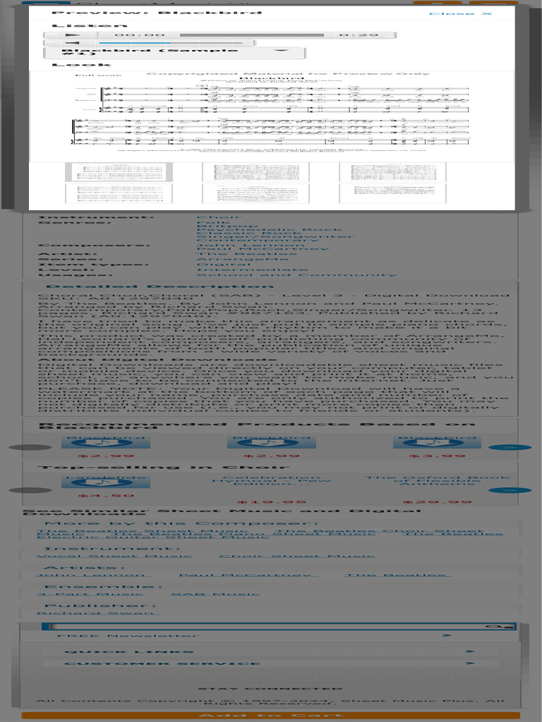 Blackbird By The Beatles 3 Part Digital Sheet Music Sheet Music