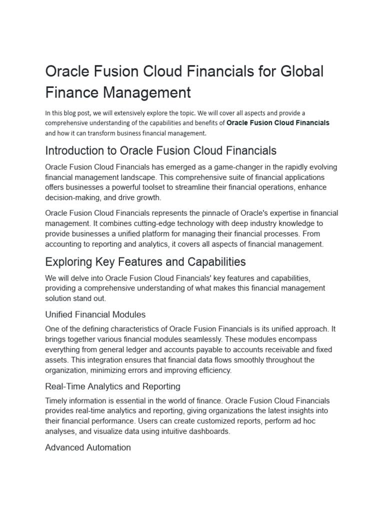 Oracle Fusion Cloud Financials For Global Finance Management | PDF | Cloud Computing | Automation