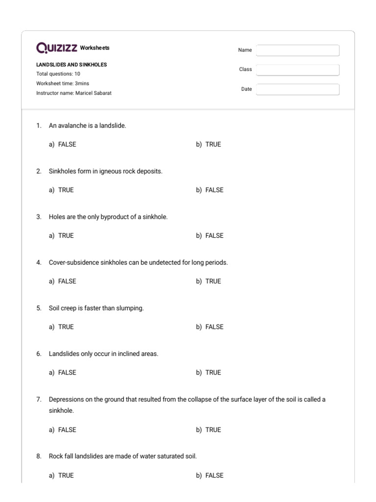 Landslides and Sinkholes Worksheet | PDF