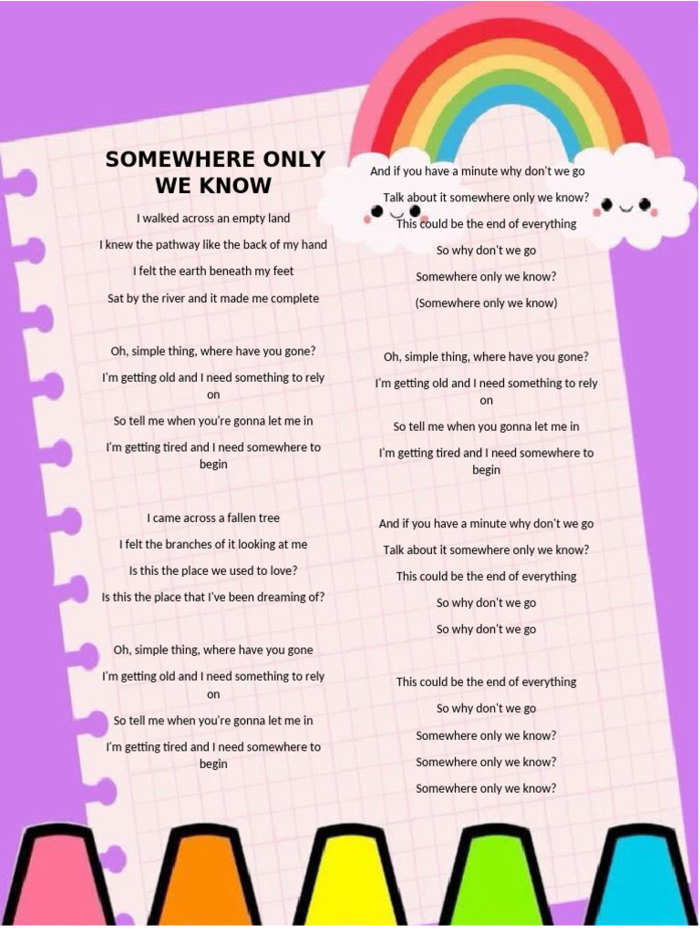Somewhere Only We Know Worksheet | PDF