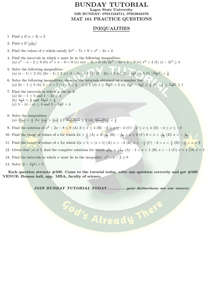 Bunday Tutorial Mat101 Inequalities Practice Qsts | PDF