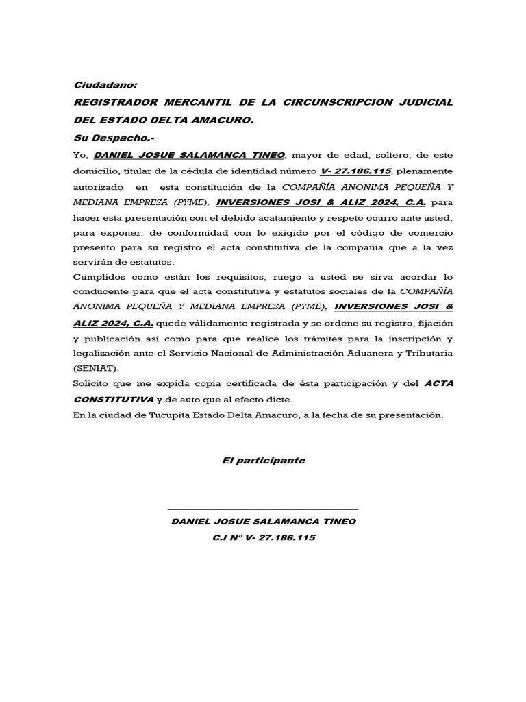 ACTA CONSTITUTIVA Inversiones Josi & Aliz, C.A. | PDF | Compartir (Finanzas) | Business