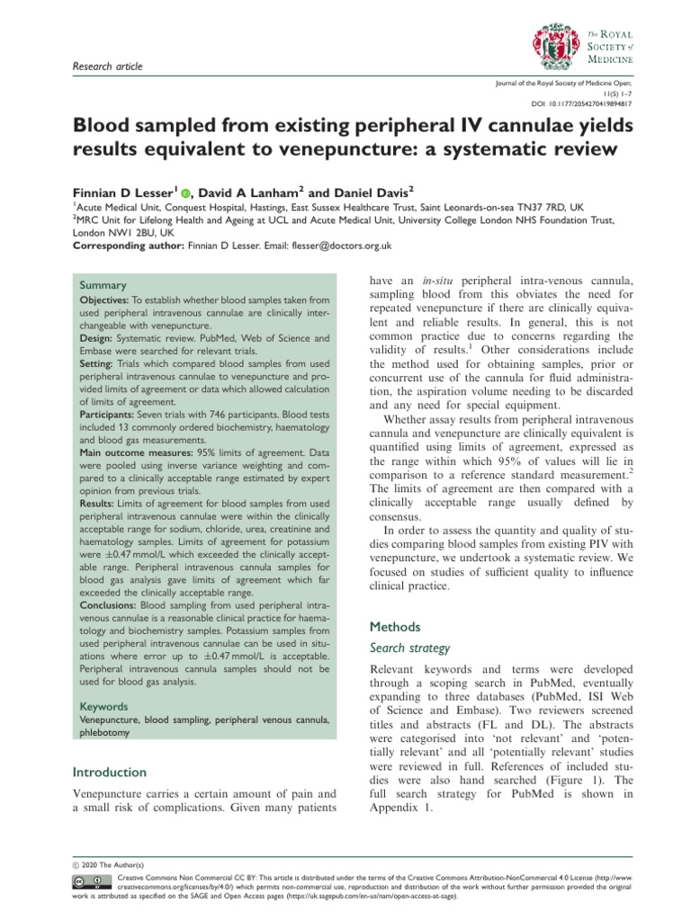 Blood Sampling from IV Cannula vs. Venepuncture | PDF | Intravenous ...