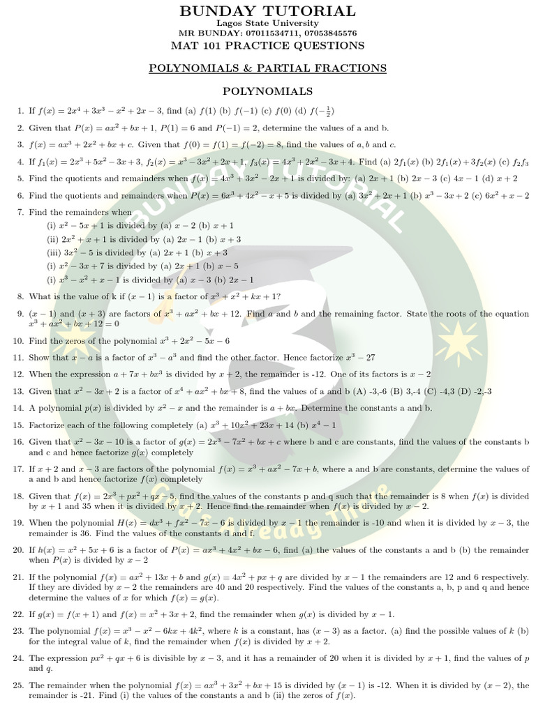Bunday Tutorial Mat101 Polynomials&Partialfractions Practice Qsts | PDF | Zero Of A Function ...