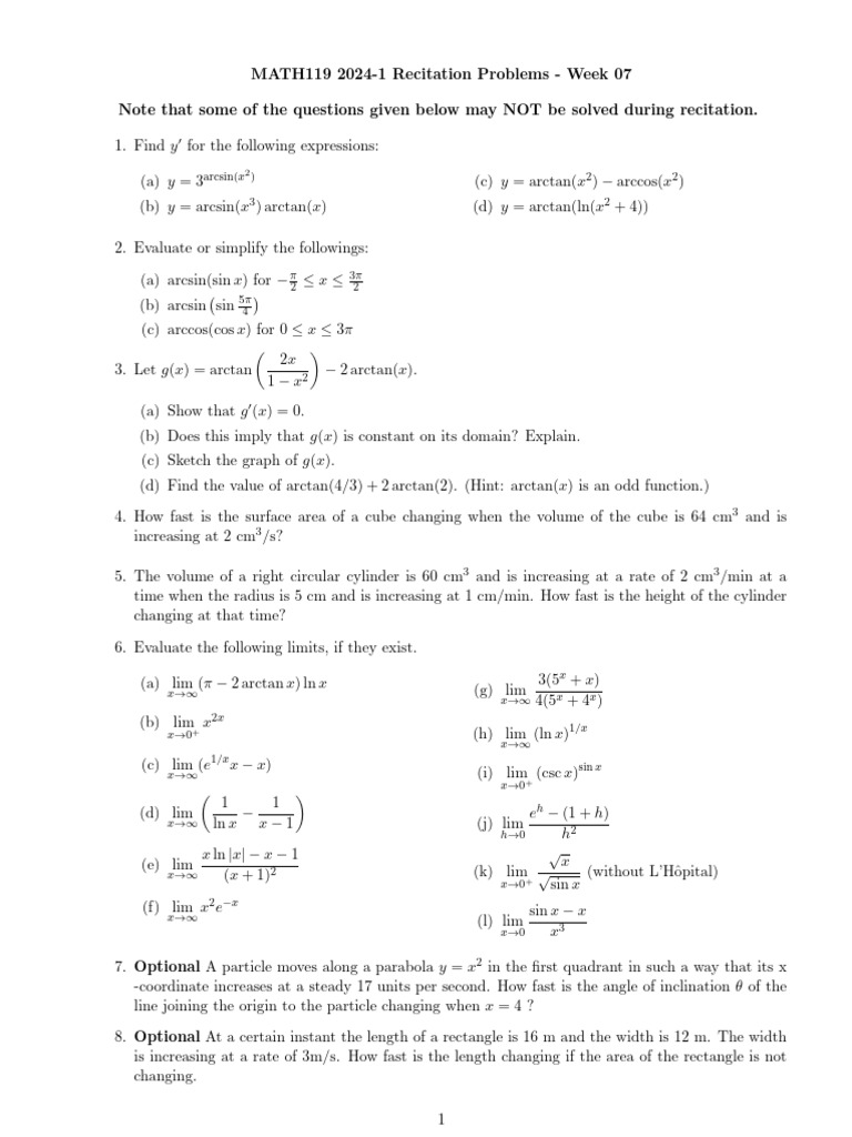 MATH119 Fall 2024 Recitation 7 | PDF | Mathematical Relations ...