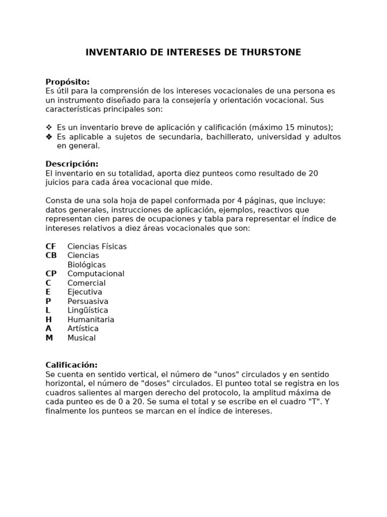 Inventario de Intereses Vocacionales Thurstone | PDF