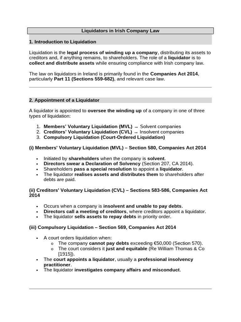 Liquidators in Irish Company Law | PDF | Liquidation | Insolvency