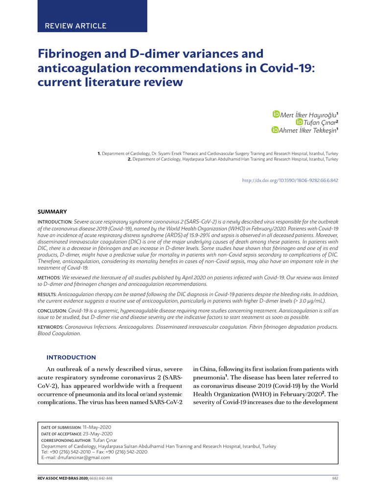 Fibrinogen and D-Dimer Variances and Anticoagulation Recommendations in ...