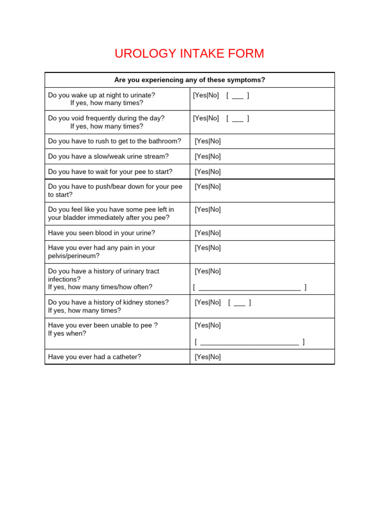 Urology Patient Intake Questionnaire | PDF | Urination | Urology