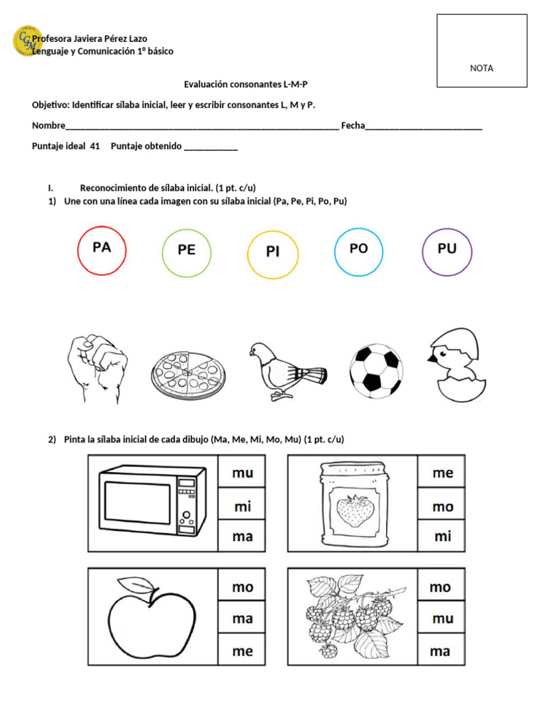 Evaluacion Con La Silaba P | PDF