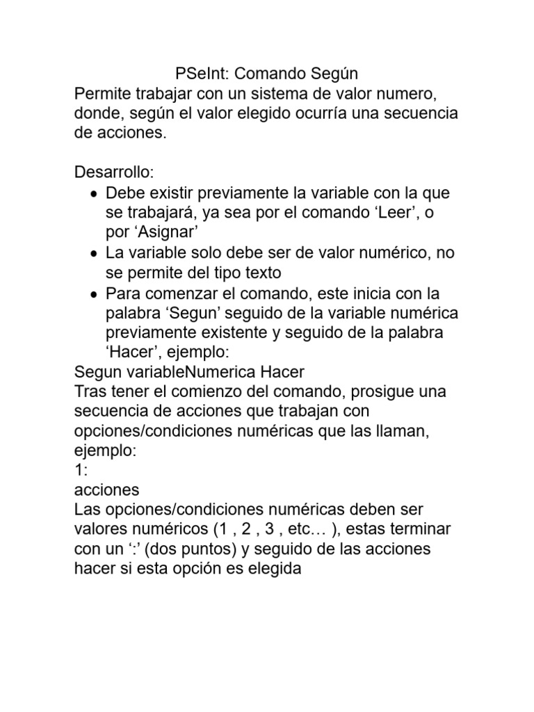Comando Según en PSeInt: Ejemplos y Uso | PDF