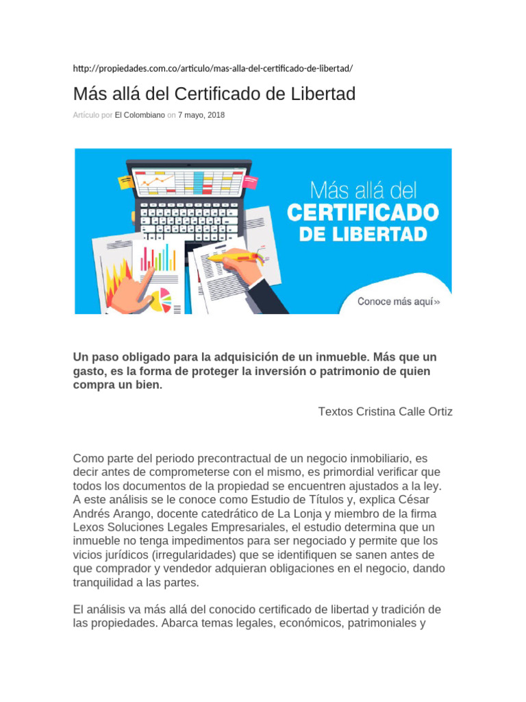Más Allá Del Certificado De Libertad Pdf Propiedad Bienes Raíces